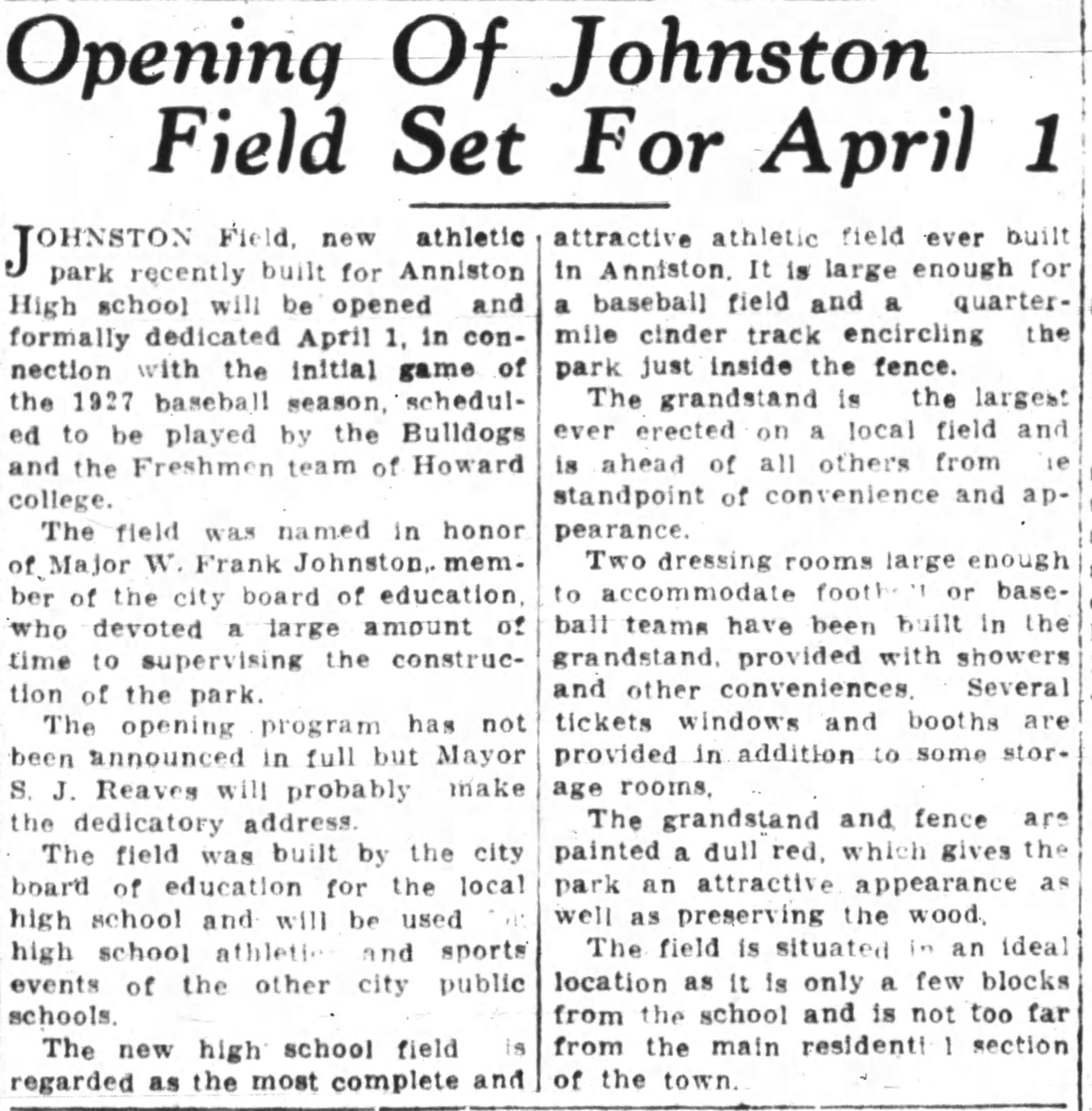 Johnston Field’s glory years with Anniston baseball – THE UNFORGETTABLE ...